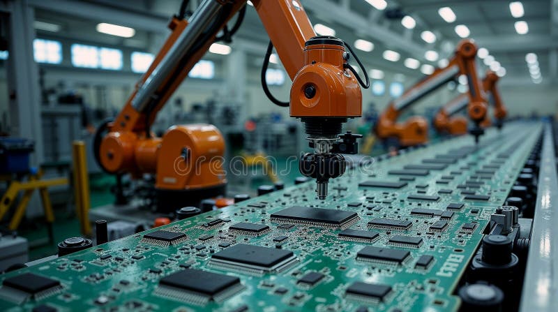 Advanced High Precision Robot Arms on Fully Automated PCB Assembly Line Inside Modern ...