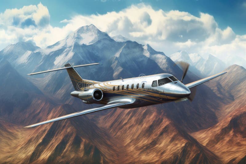 Advanced High-speed Plane in Mid-flight with Mountain Backdrop Stock ...