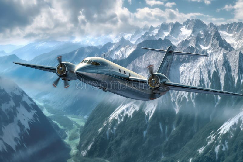 Advanced High-speed Plane in Mid-flight with Mountain Backdrop Stock ...