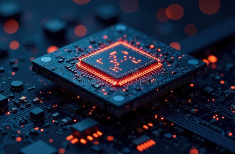 Circuit Board CPU Microchip Starting AI Visualization of Neural Networking. Digital Connectors ...