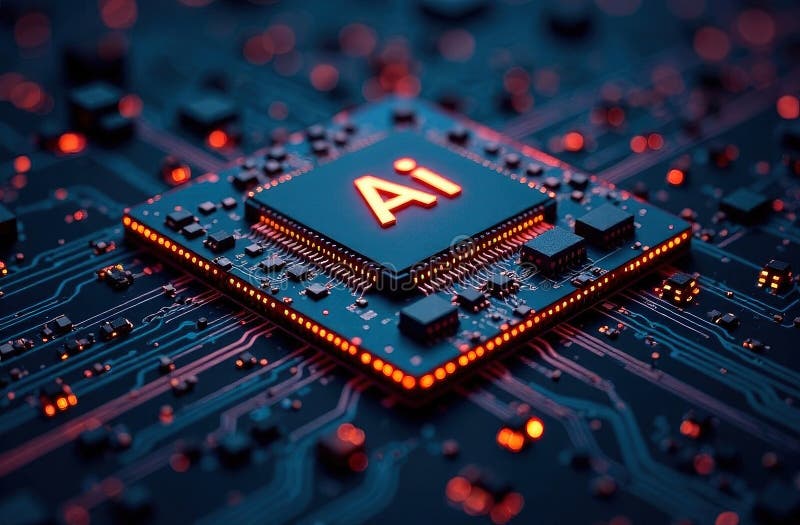 Circuit Board CPU Microchip Starting AI Visualization of Neural Networking. Digital Connectors ...
