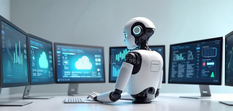 Advanced Humanoid Robot Analyzes Data on Multiple Screens. Contemplative Pose Suggests Complex ...