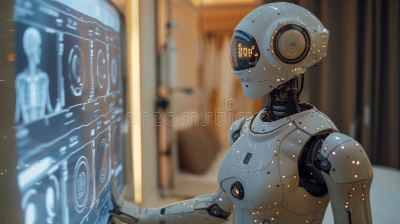 Advanced Humanoid Robot Analyzing Medical Data on a Digital Screen in a ...