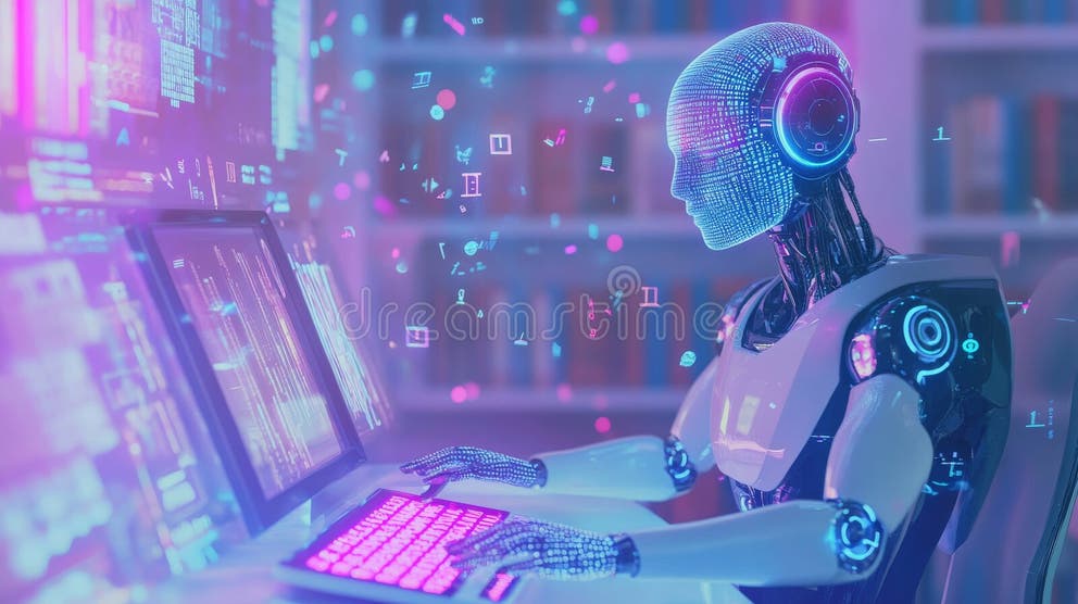 Advanced Humanoid Robot Coding at a Futuristic Workstation Stock Image ...