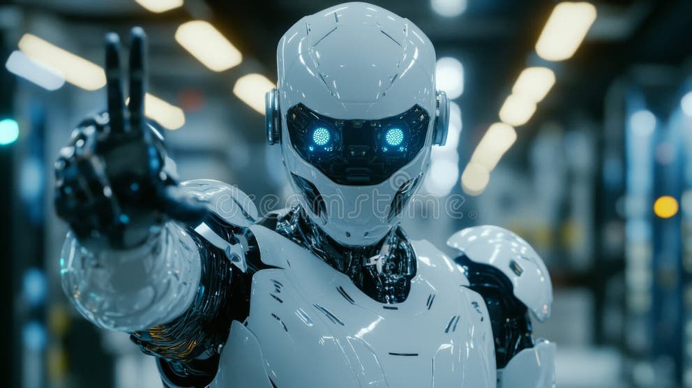 Advanced Humanoid Robot Displaying Peace Gesture in Futuristic ...