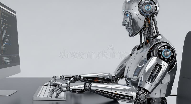 Advanced Humanoid Robot Engaged in Computer Work Futuristic Technology ...