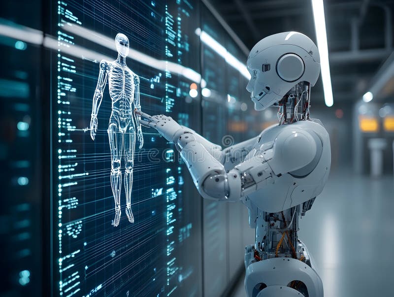 Advanced Humanoid Robot with Glowing Eyes and Intricate Wiring is ...