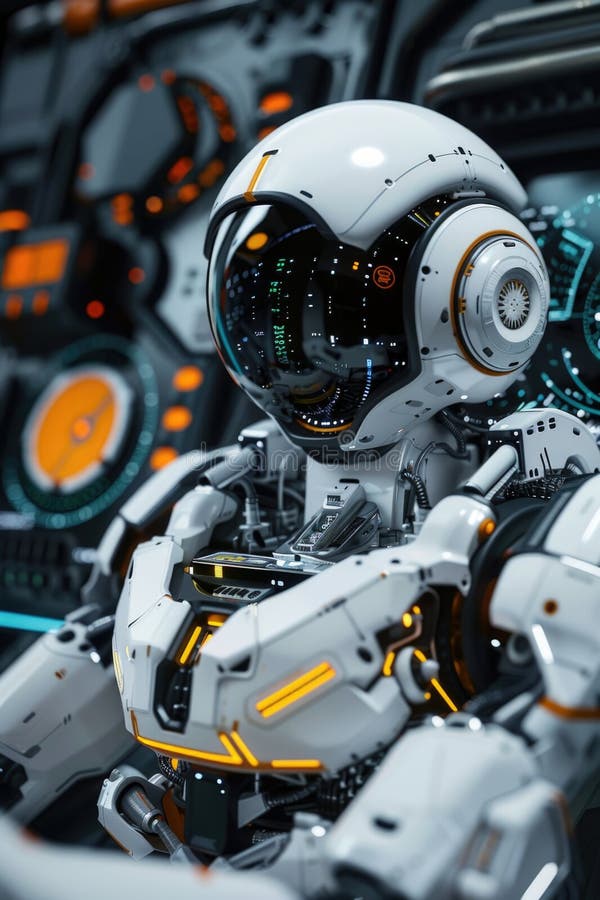 Advanced Humanoid Robot in Lab Coat and Stethoscope, Green Sensor Head ...