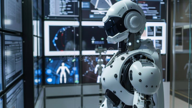 Advanced Humanoid Robot in a High-tech Control Room Stock Illustration ...