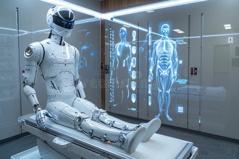 Advanced Humanoid Robot in a High-tech Medical Lab Analyzing a Human ...