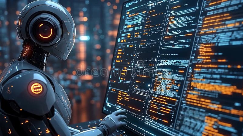 Advanced Humanoid Robot Interacting with Computer in Futuristic Digital Environment Stock Video ...