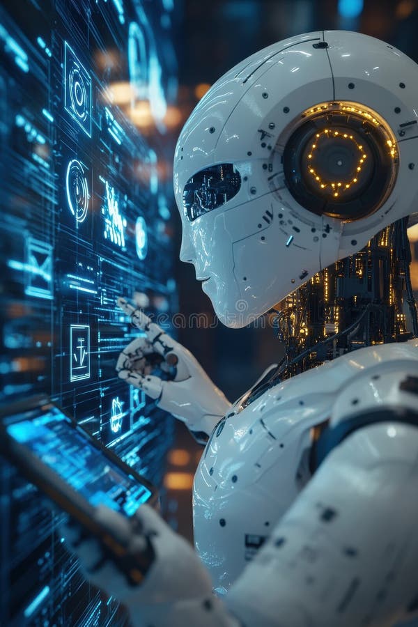 Advanced Humanoid Robot Interacting with a Futuristic Digital Interface ...