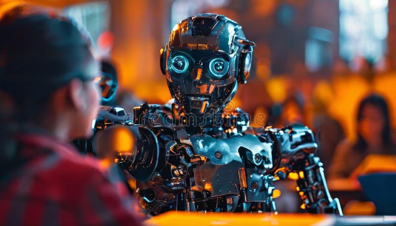 Advanced Humanoid Robot Interacting with a Human in a Tech Setting ...