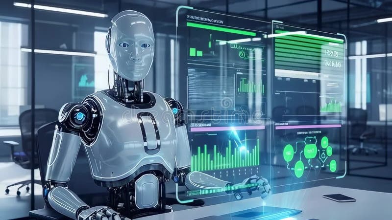 An Advanced Humanoid Robot Interacts with Futuristic Interfaces Displaying Data Analytics and ...
