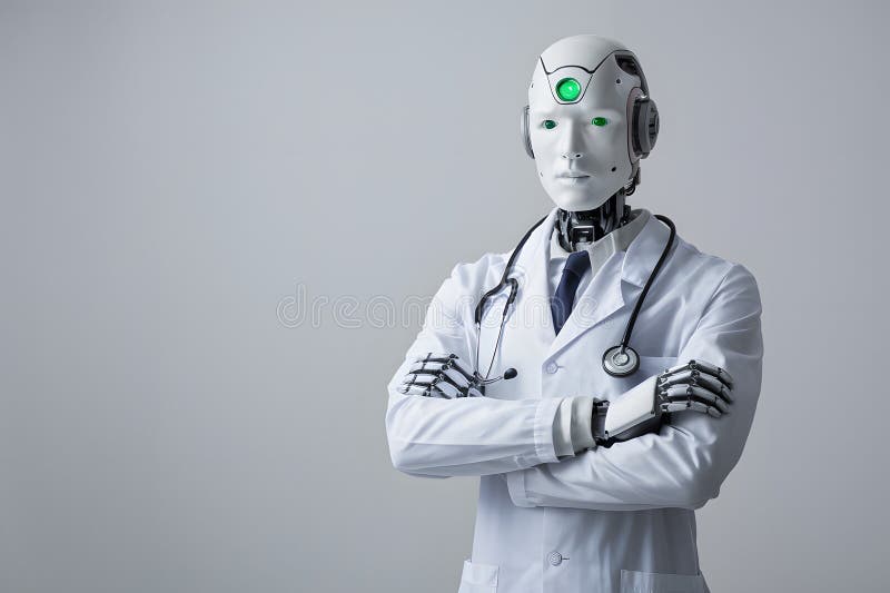 Advanced Humanoid Robot in Lab Coat and Stethoscope, Green Sensor Head ...