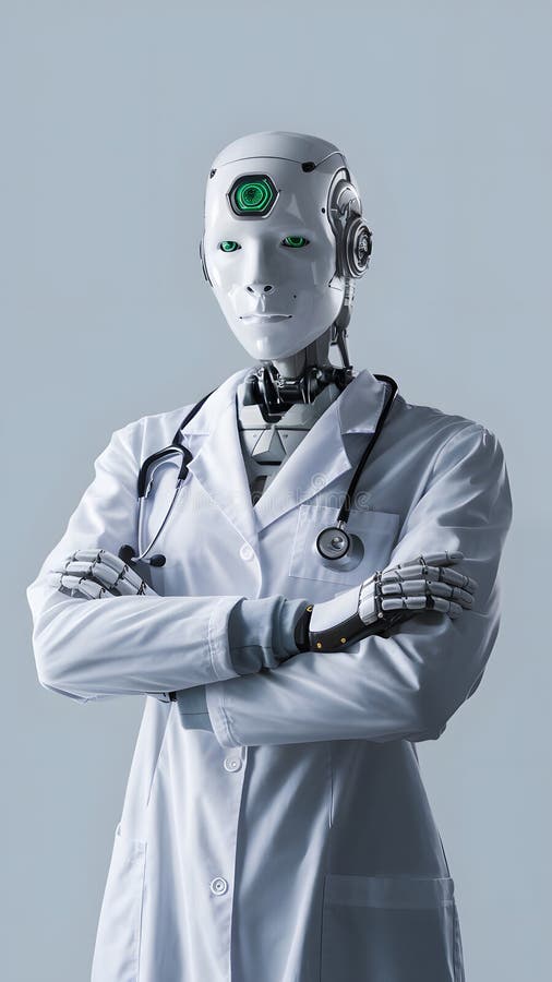 Advanced Humanoid Robot in Lab Coat and Stethoscope, Green Sensor Head ...