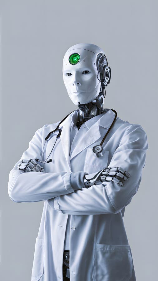 Advanced Humanoid Robot in Lab Coat and Stethoscope, Green Sensor Head ...