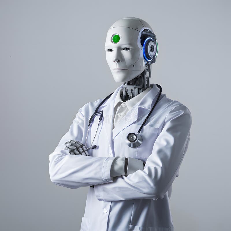 Advanced Humanoid Robot in Lab Coat and Stethoscope, Green Sensor Head ...