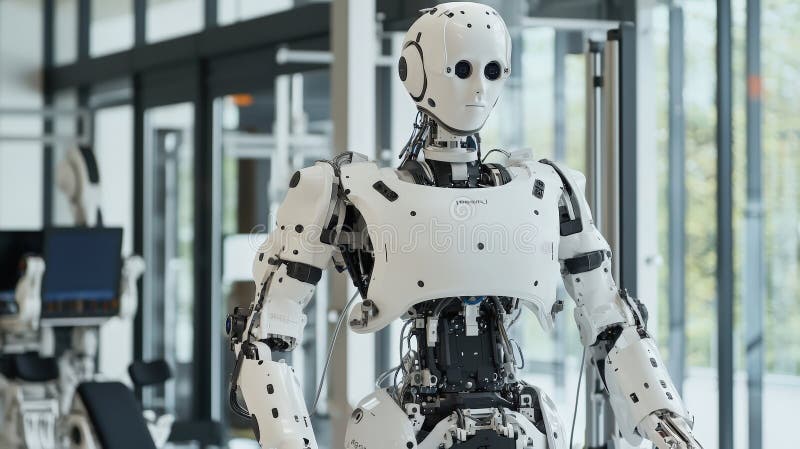 Advanced Humanoid Robot in a Modern Tech Environment Stock Illustration ...
