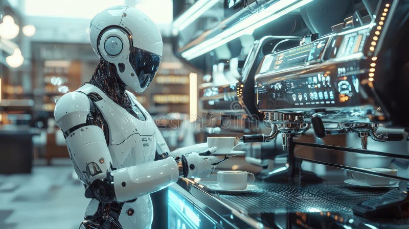 Advanced Humanoid Robot Operating a Coffee Machine Stock Photo - Image ...