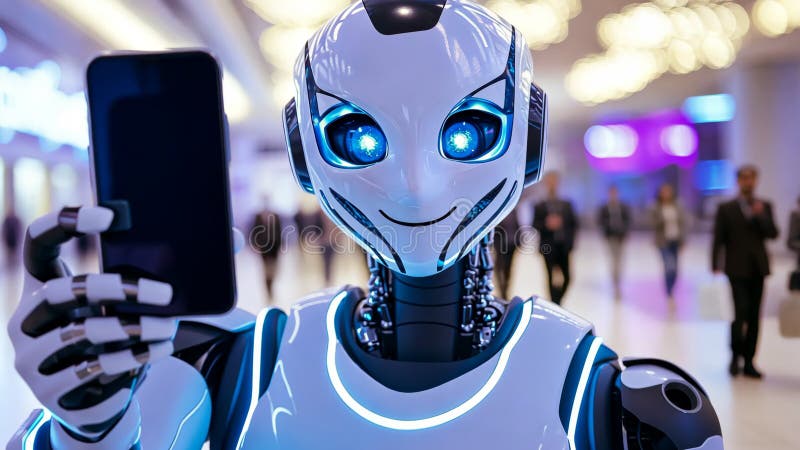 Humanoid Robot Presenting Smartphone with Blank Screen Inside Crowded ...