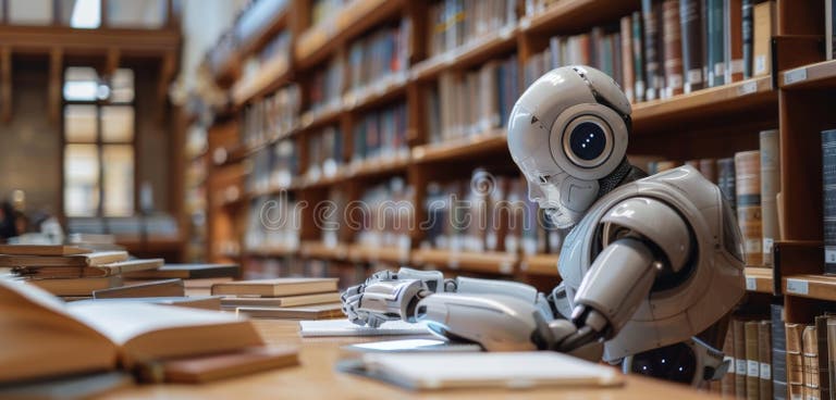 White Robot Writing Notes in a Library with Bookshelves Stock Photo ...