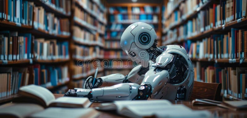 White Robot Writing Notes in a Library with Bookshelves Stock Image ...