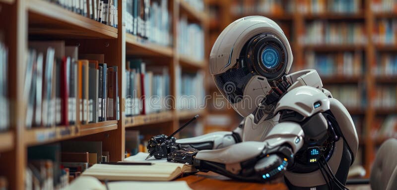 White Robot Writing Notes in a Library with Bookshelves Stock Image ...