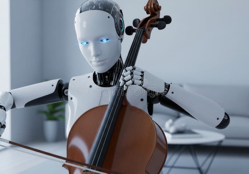 Humanoid Robot Playing Cello in Living Room Stock Illustration ...