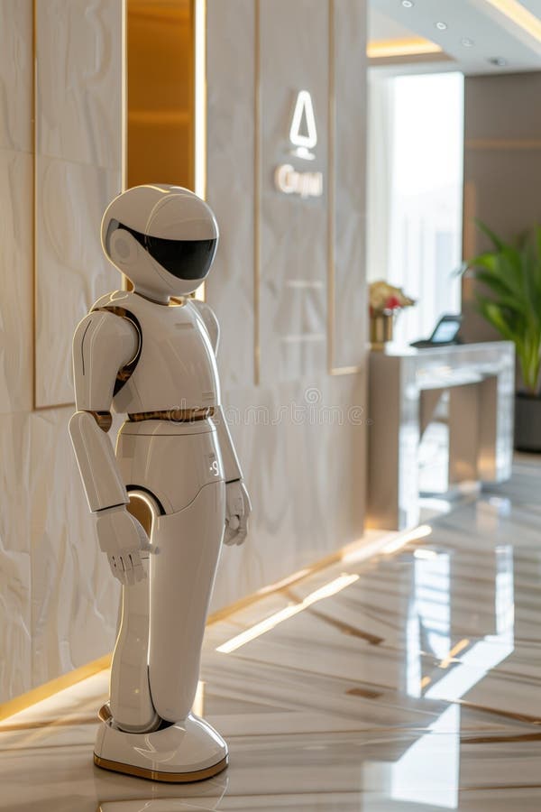 Advanced Humanoid Robot Standing in Modern Office Lobby with Marble ... Advanced Humanoid Robot Standing in Modern Office Lobby with Marble ...