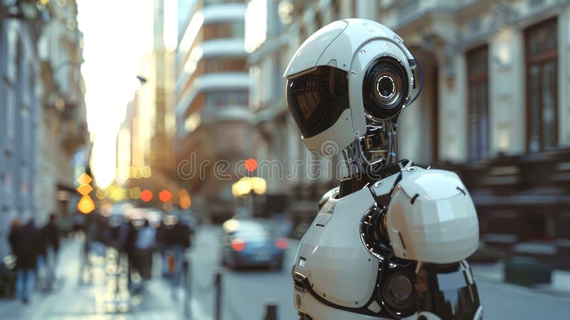 Advanced Humanoid Robot in Urban Settings. Modern White Robot Android ... Advanced Humanoid Robot in Urban Settings. Modern White Robot Android ...
