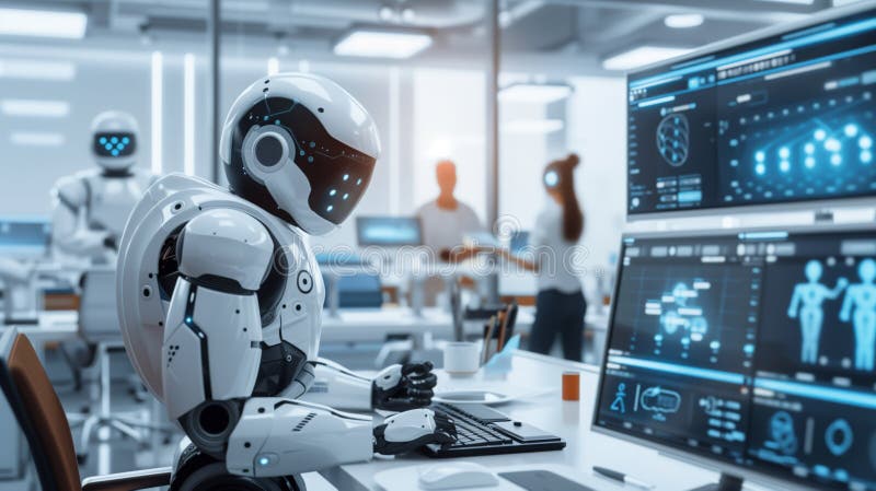 Advanced Humanoid Robot Using Computer in High-Tech Lab Environment. Artificial Intelligence and ...