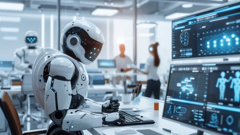 Advanced Humanoid Robot Using Computer in High-Tech Lab Environment. Artificial Intelligence and ...