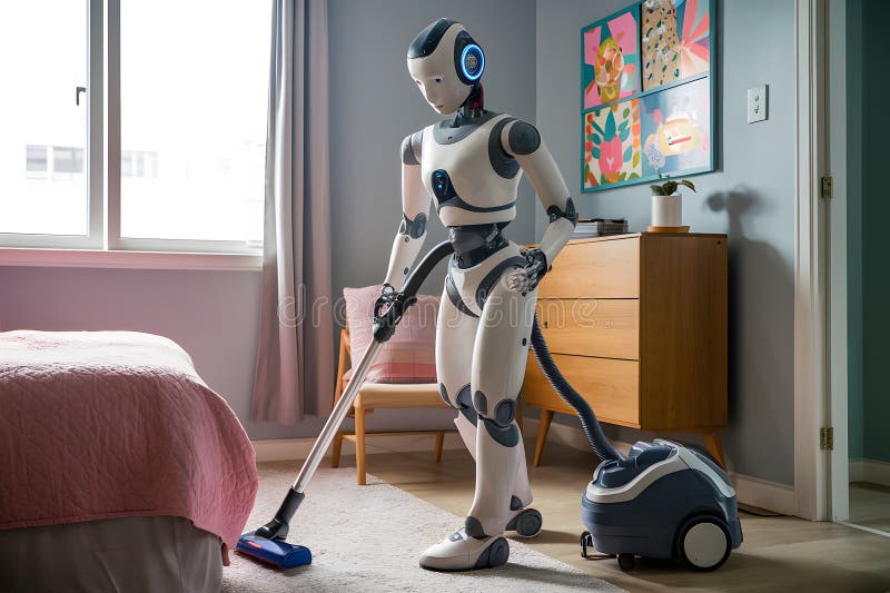Advanced Humanoid Robot Vacuuming in Modern Domestic Setting with Pink ... Advanced Humanoid Robot Vacuuming in Modern Domestic Setting with Pink ...