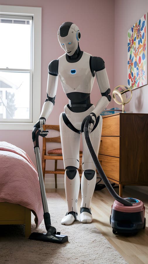 Advanced Humanoid Robot Vacuuming in Modern Domestic Setting with Pink ... Advanced Humanoid Robot Vacuuming in Modern Domestic Setting with Pink ...
