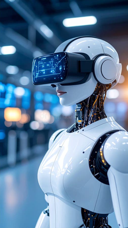 Advanced Humanoid Robot Wearing Virtual Reality Headset Featuring Digital Interface in High Tech ...