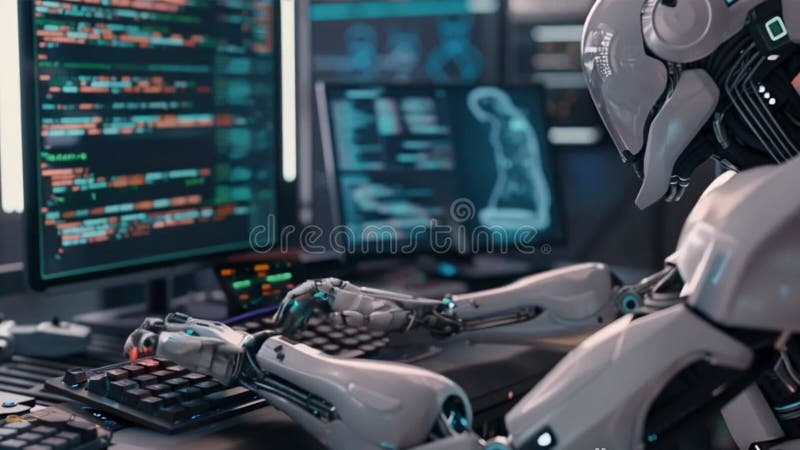 Advanced Humanoid Robot Working On Complex Algorithms Stock Video Video Of Deep Learning