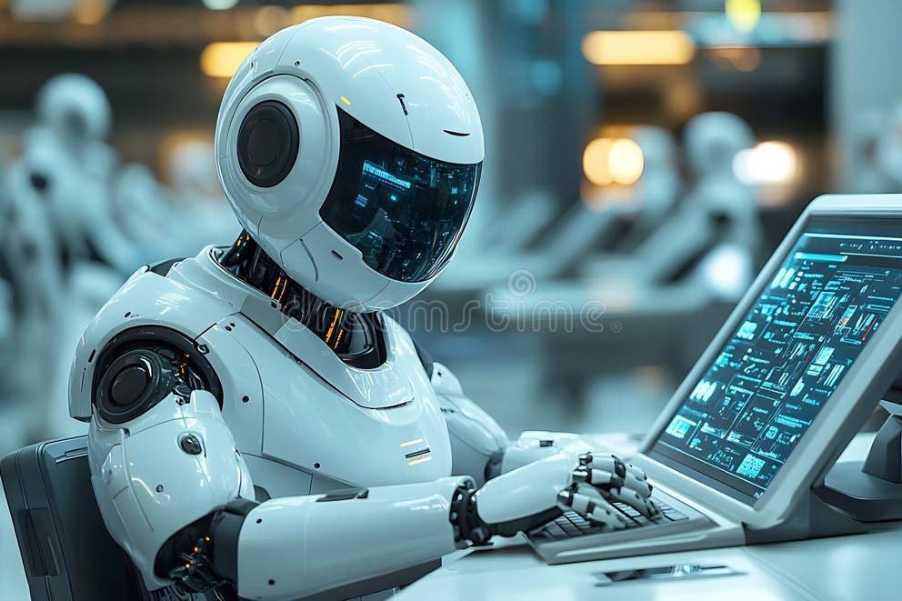 Advanced Humanoid Robot Working on a Computer in a Futuristic Environment, Symbolizing ...
