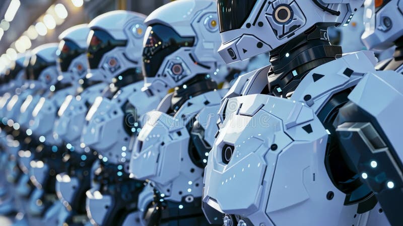 Futuristic Robots Standing in a Row, Embracing Future Technology Stock ...