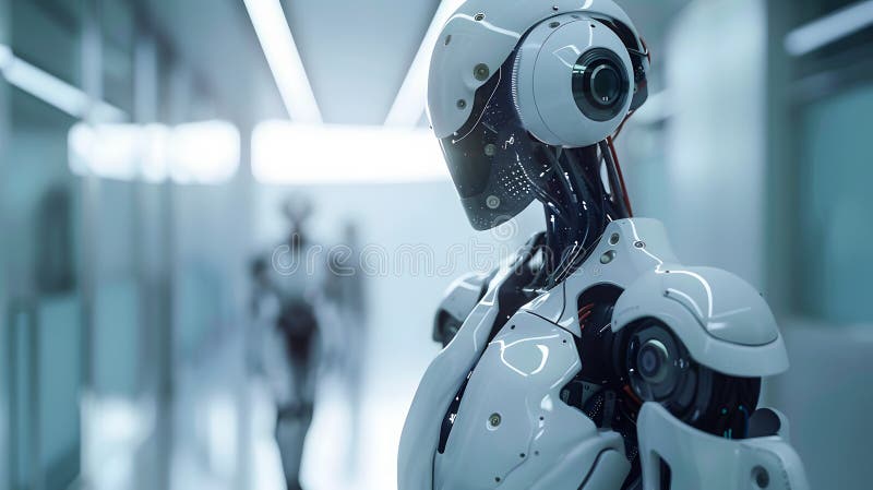 Advanced Humanoid Robots in a Modern Corridor during the Day at a Tech ...