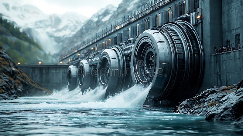 Advanced Hydropower Turbine Design with Water Flow and Mountains Stock ... Advanced Hydropower Turbine Design with Water Flow and Mountains Stock ...