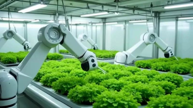 Futuristic Vertical Farming with Robotic Arms Tending Vibrant Green ...