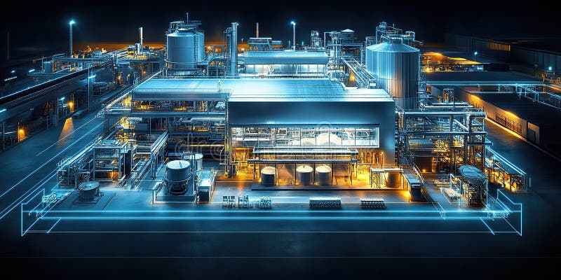 Advanced Industrial Facility with Illuminated Structures and Modern ...