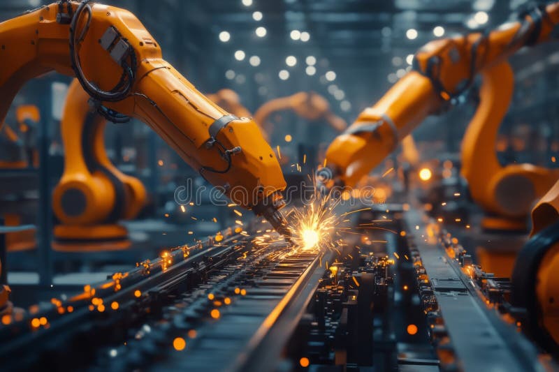 Advanced Industrial Robots Work in a Modern Factory. they Weld and ...