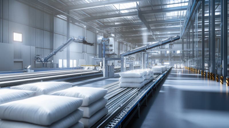 Advanced Industrial Warehouse with Conveyor Systems and Stacked White ...