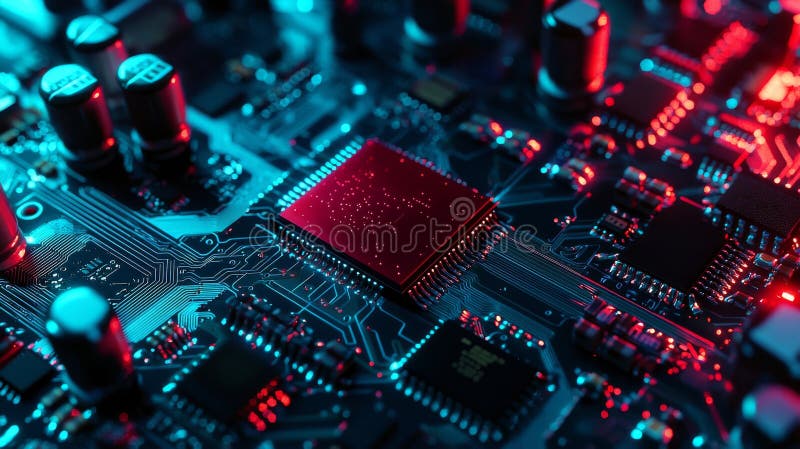 An Advanced Integrated Circuit Board with a Prominent Red Processor ...