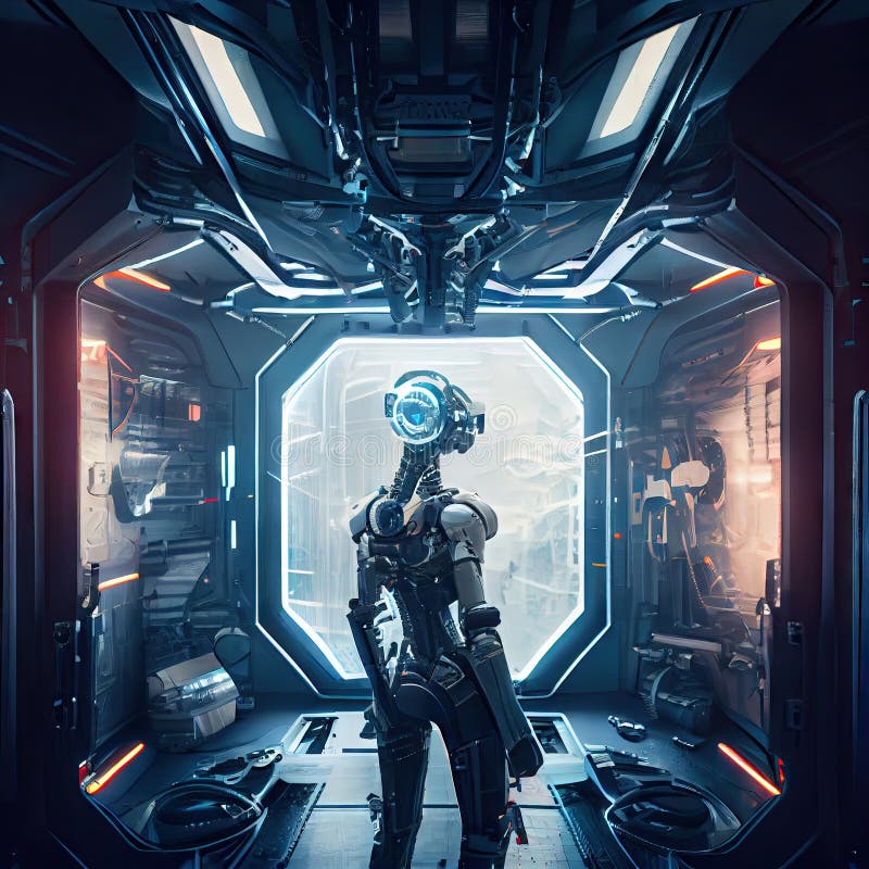 Advanced Interaction of Humanity with Technology in Robot& X27;s Body Sci-fi Futuristic Interior ...