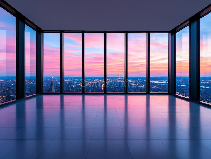 An Advanced Interior View Displaying a Lively Sunset Over a Cityscape ...