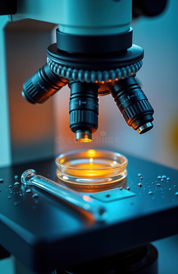 Advanced Lab Tech Close-up. Microscope Examines Vibrant Liquid Droplets ...