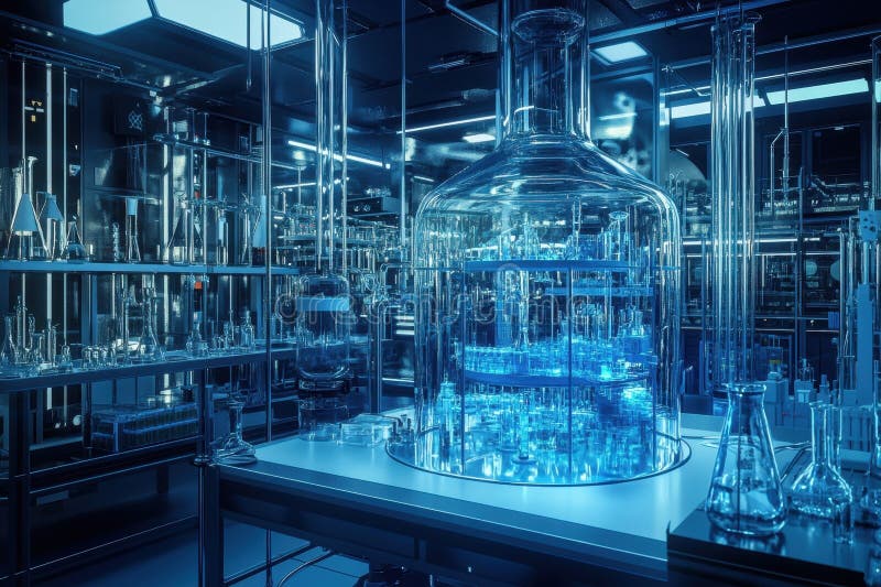 Advanced Laboratory with Blue Illuminated Glassware and High-tech ...